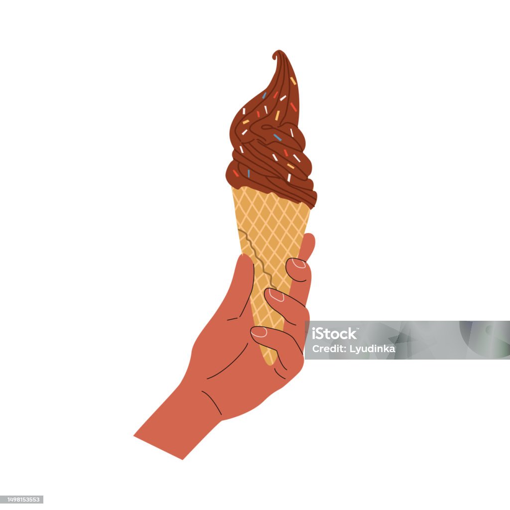 Tangan Memegang Es Krim Dalam Kerucut Gaya Wafer Ilustrasi Gaya Datar