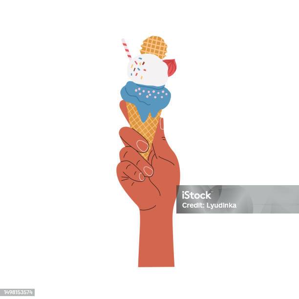 Tangan Memegang Es Krim Dalam Kerucut Gaya Wafer Ilustrasi Gaya Datar