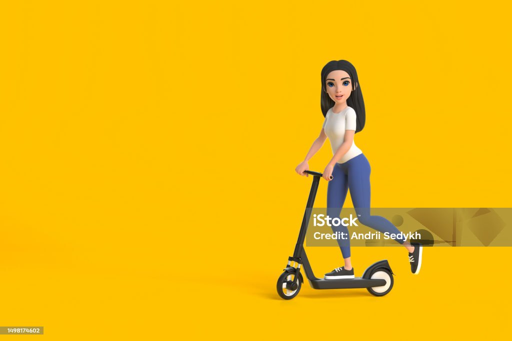 Cartoon Funny Cute Girl In A White Tshirt And Jeans Rides Electric