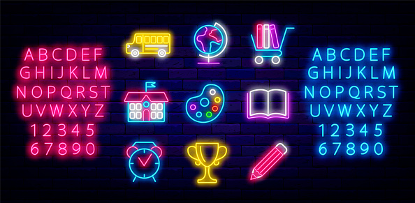 Jeu Dicônes Néon De Lécole Coupe Globe Et Autobus Scolaire Alphabet