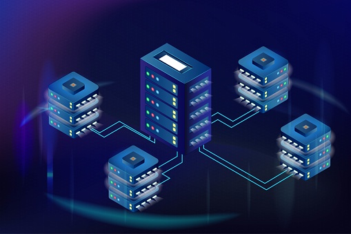 Server Cloud Isometrik Terisolasi Dengan Warna Biru Objek Penyimpanan