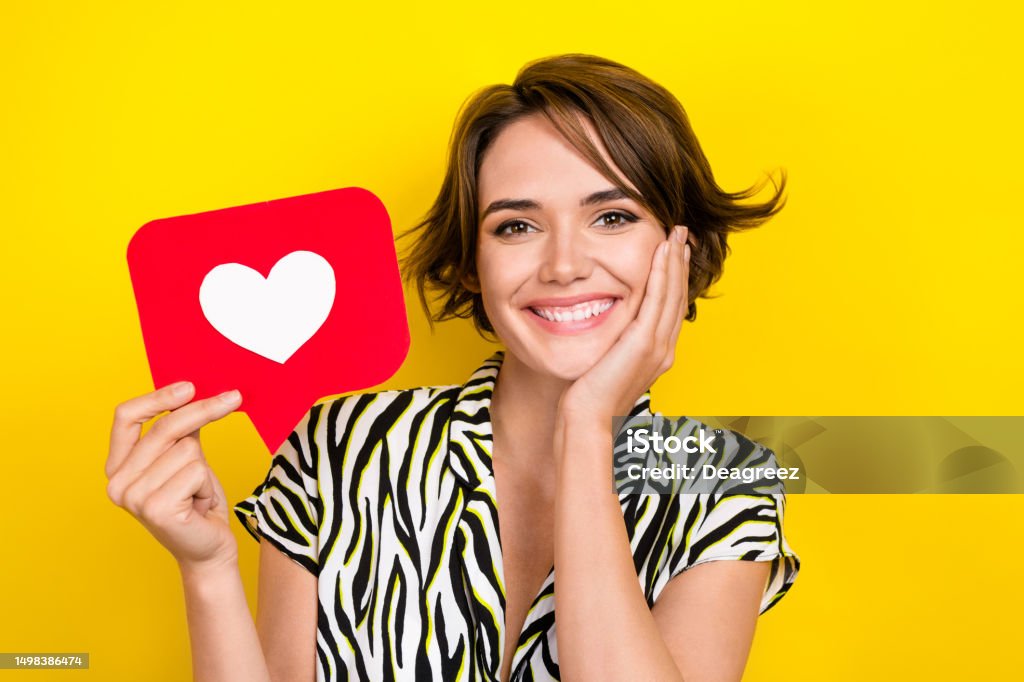 Closeup Portrait Cheerful Cute Lady Influencer Hold Heart Like