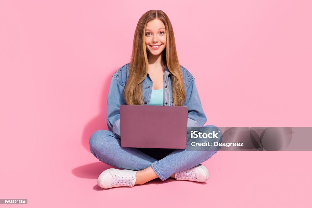 Photo Of Positive Lovely Girl Wear Trendy Clothes Sitting Floor Using