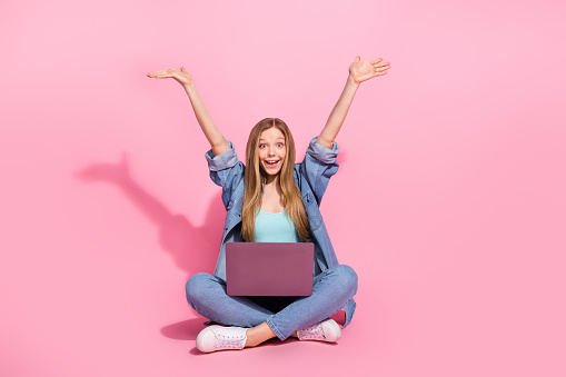 Photo Of Cheerful Attractive Girl Wear Trendy Clothes Sit Floor Use