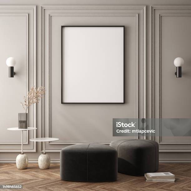 Bingkai Poster Mockup Di Dinding Ruang Tamu Latar Belakang Apartemen