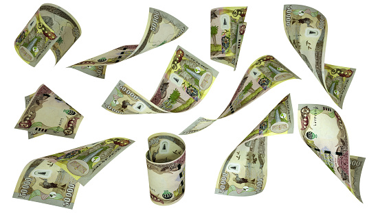 3d Rendering Of Iraqi Dinar Notes Flying In Different Angles And Orientations Isolated On White