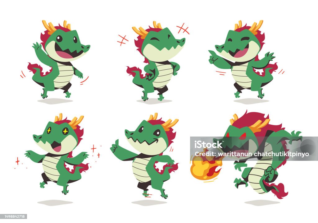 Vetores De Conjunto De Monstro Bonito Asiático Dragão Personagem Mascote Dos Desenhos Animados E
