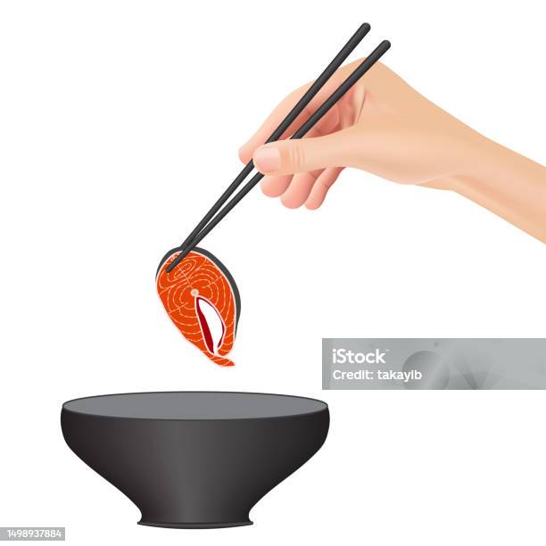 Tangan Memegang Sumpit Dengan Salmon Masakan Jepang Makanan Tradisional