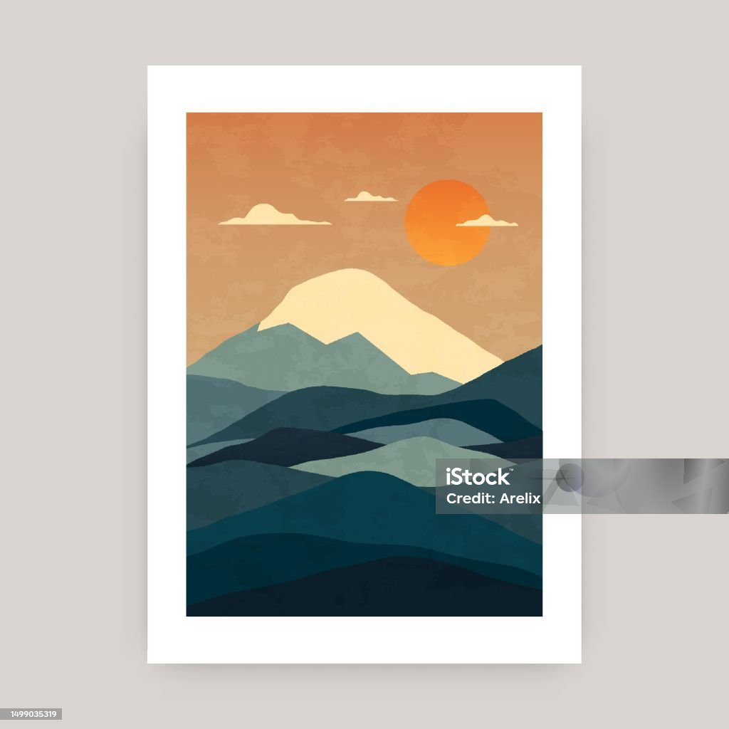 Poster Lanskap Gunung Abstrak Desain Sun Print Alam Kontemporer