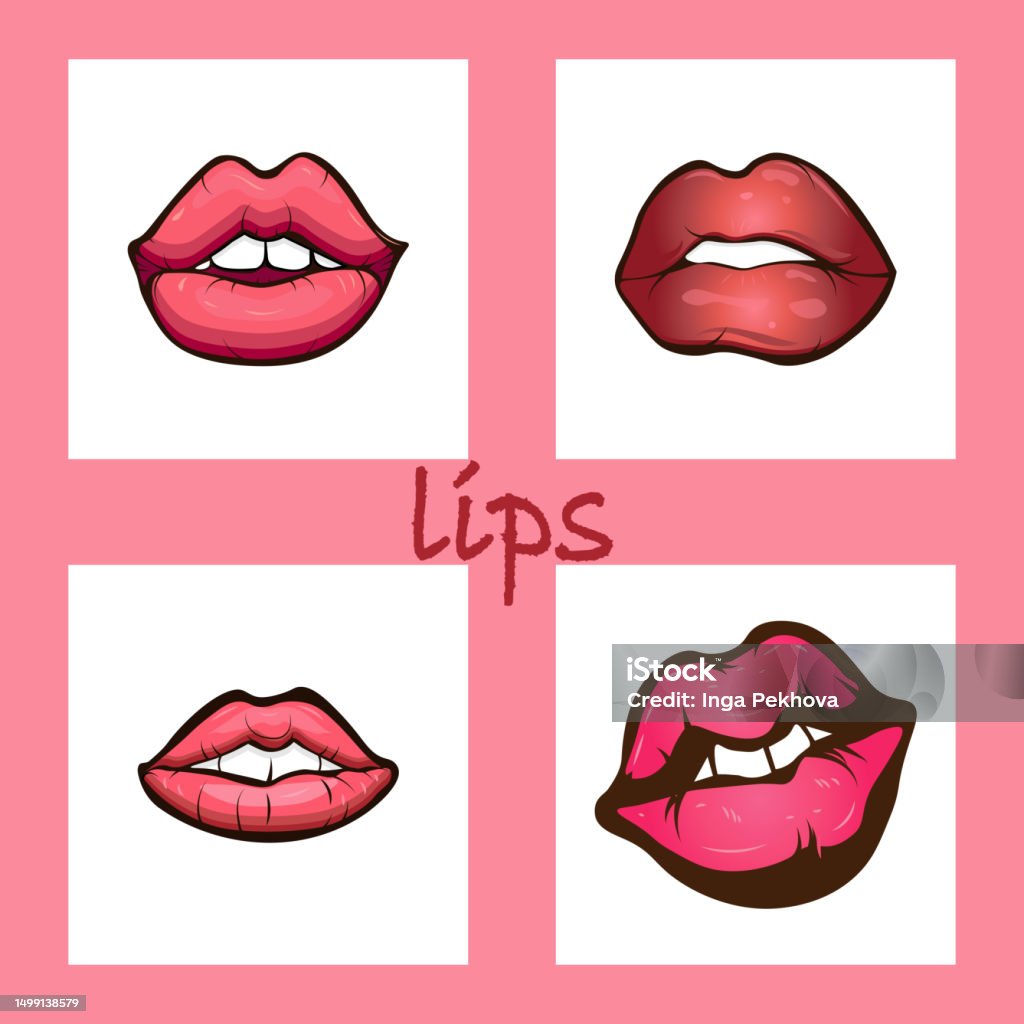 Mengeset Bibir Trippy Psikedelik Terisolasi Bibir Kartun Lucu Dengan Gigi Dalam Gaya Retro Asyik