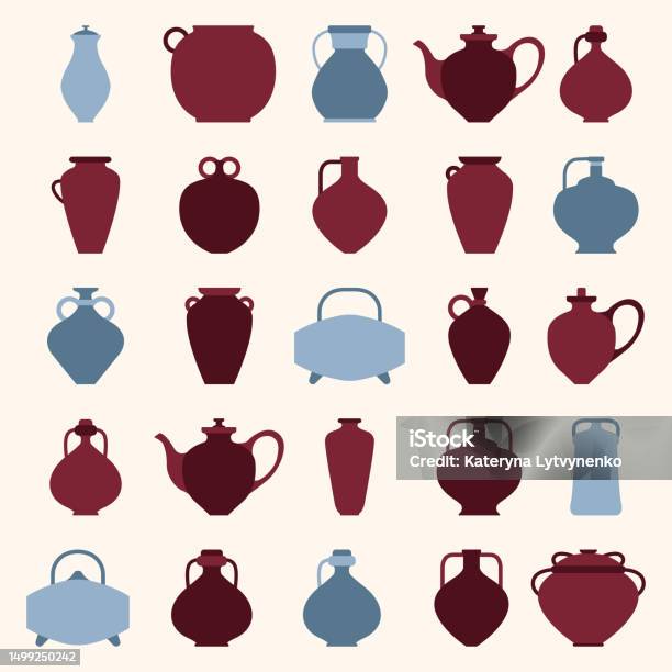 Vector Flat Illustration Set Pottery Various Vases And Pots For Liquids