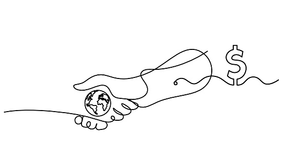 Poignée De Main Abstraite Et Dollar Comme Dessin Au Trait Sur Blanc