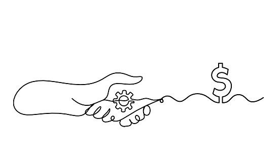 Poignée De Main Abstraite Et Dollar Comme Dessin Au Trait Sur Blanc