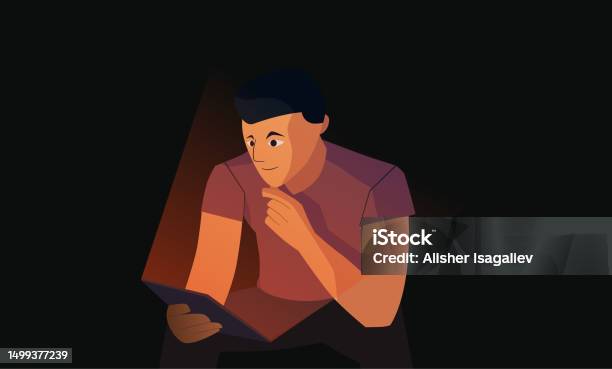 Vector Illustration Of A Man In The Dark Looking Into A Tablet Stock