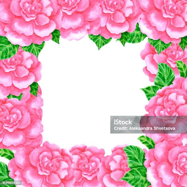 Hand Drawn Watercolor Pink Azalea Frame Boarder Isolated On White Background Can Be Used For