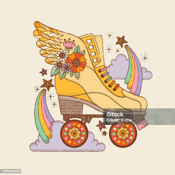 Gambar Roller Skate Retro Groovy Dalam Gaya 70an Cetakan Vintage Lucu