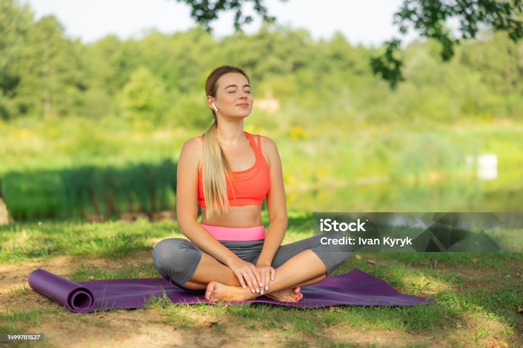 Close Up Portrait Of Smiling Woman In Sporty Outfit Relaxing Meditating Feeling Zenlike On