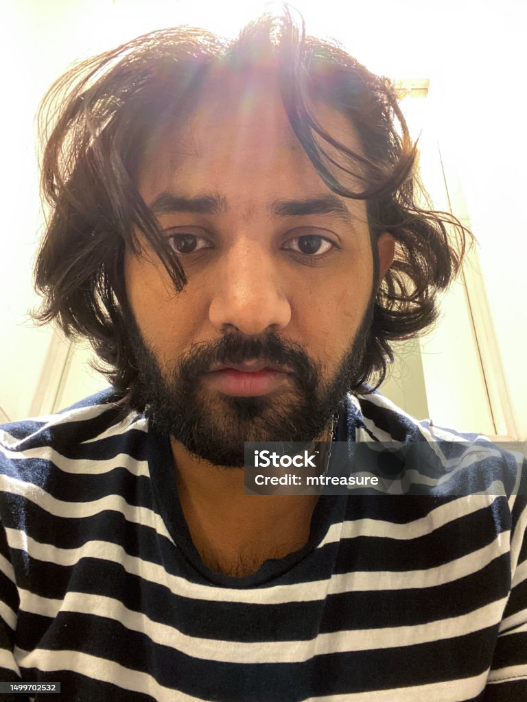 Closeup Image Of Unkempt Indian Man Taking Selfie With Phone Camera Holding Mobile Up And