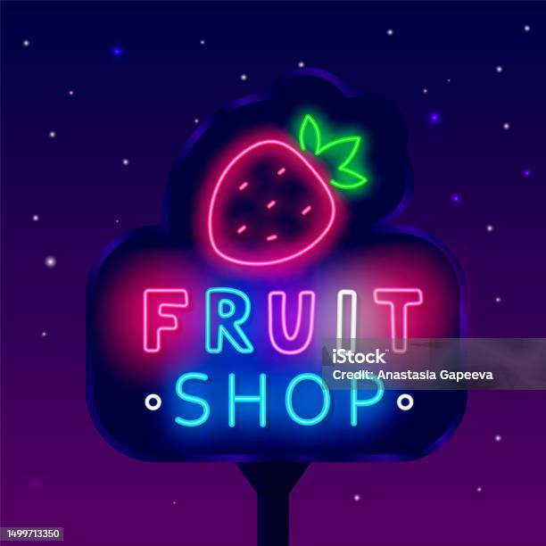 Obstladen Neonstraßenplakatwand Leuchtende Außenwerbung Erdbeersymbol