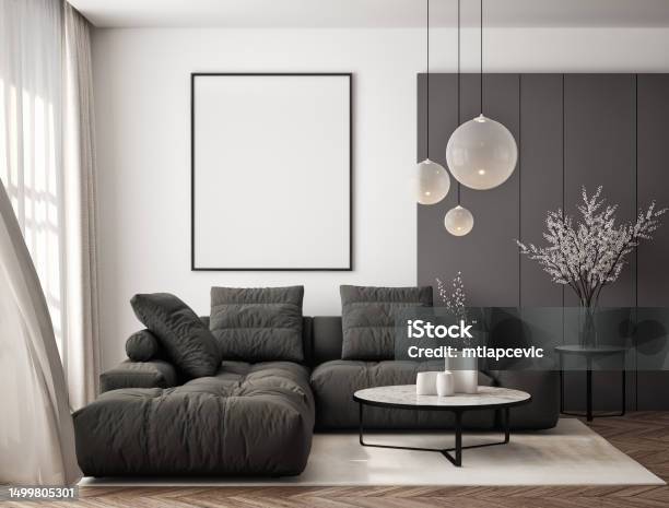 Bingkai Poster Mockup Di Dinding Ruang Tamu Latar Belakang Apartemen