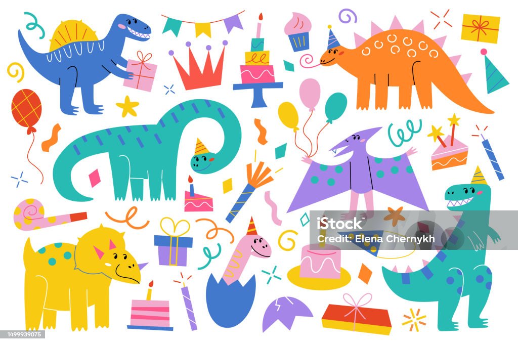 Vetores De Festa De Aniversário De Dinossauros Engraçados Tiranossauro