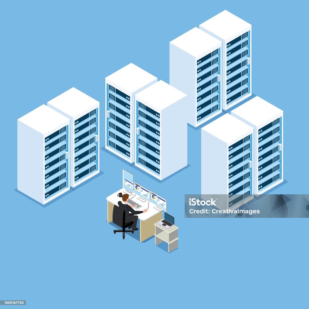 People Working In Data Center Room Hosting Server Computer Monitoring Information Database Stock