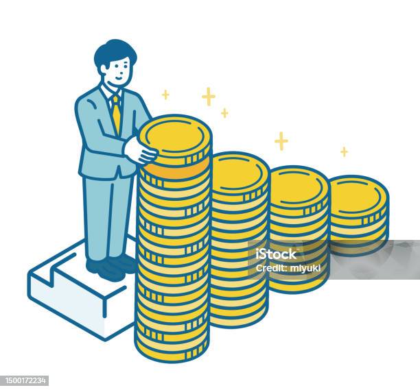 Illustration Of A Businessman Stacking Coins Stock Illustration