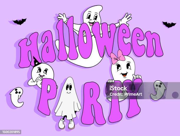 ハロウィンパーティーのグルーヴィーなレタリング漫画の幽霊のキャラクターを持つかわいいハロウィーンのバナーベクターイラスト 1960