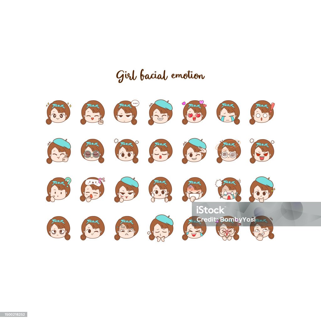 Set Of Womans Emotions Facial Expression Lady With Different Face