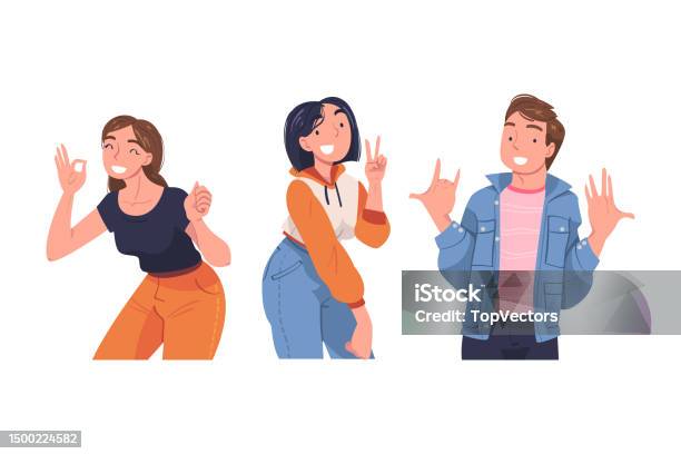 Karakter Pria Dan Wanita Menampilkan Set Vektor Gerakan Tangan Positif