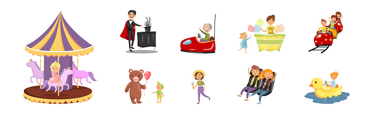 Personnes Personnages Dans Un Parc Dattractions Ou Une Fête Foraine Ensemble Dillustrations