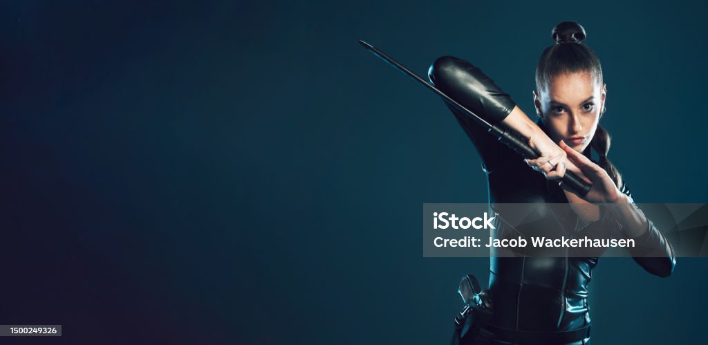 Woman Warrior And Vigilante In Cosplay With Sword On Mockup For Battle