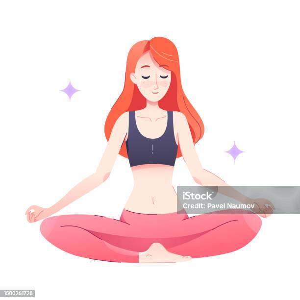 Redhead Woman Character Sitting In Lotus Yoga Pose Engaged In Sport
