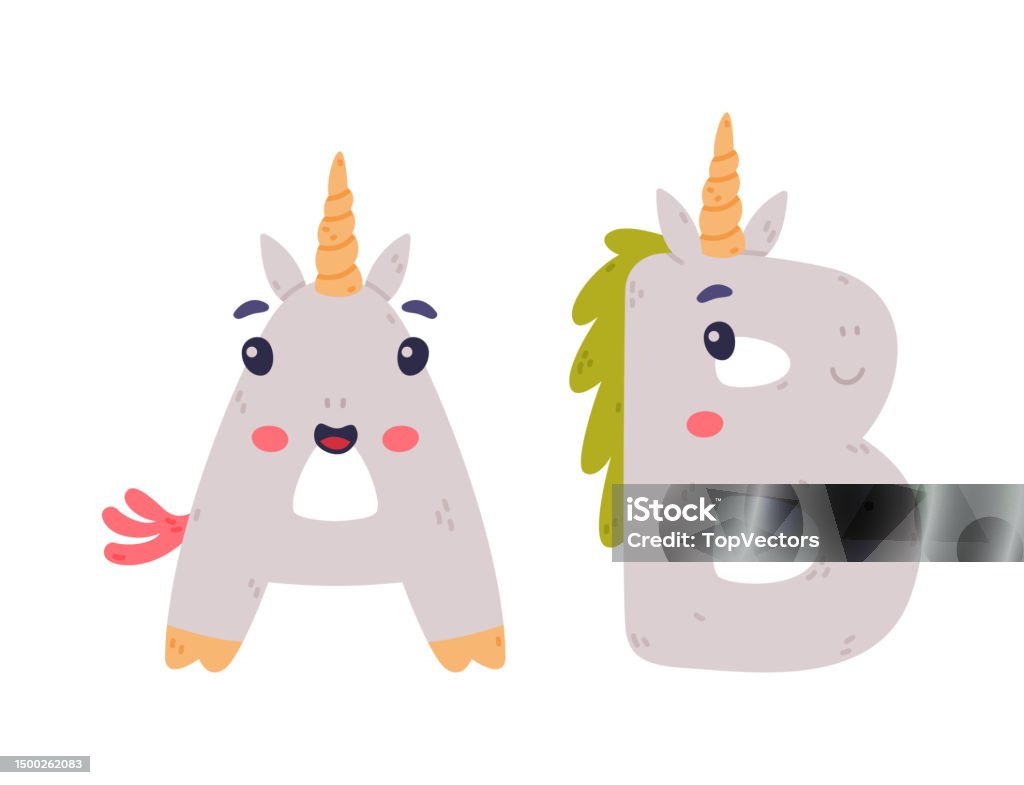 Licorne Mignon Alphabet Lettre A Et B Avec Visage Souriant Et Ensemble