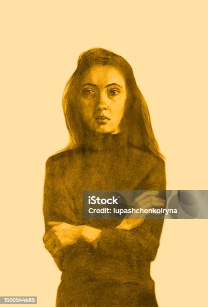 Ilustrasi Gambar Pensil Dalam Sepia Potret Gadis Dengan Rambut Panjang