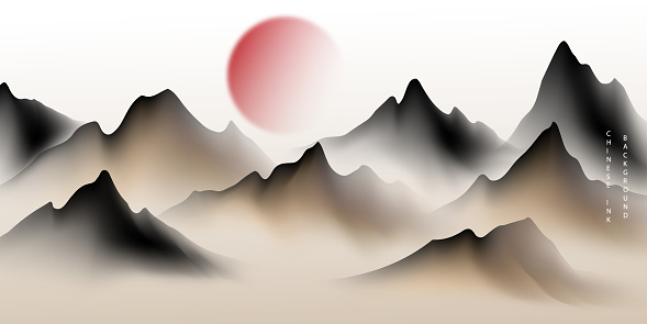 Ilustrasi Vektor Desain Modern Dari Lukisan Pemandangan Tinta Cina Yang