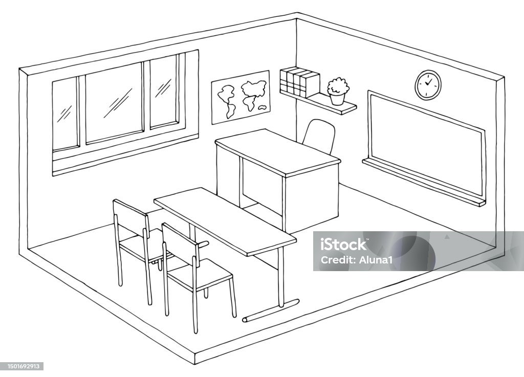 Grafik Kelas Hitam Putih Interior Terisolasi Sketsa Ilustrasi Vektor