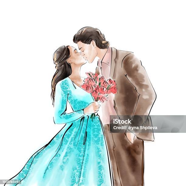 Mencium Pria Dan Wanita Ilustrasi Pernikahan Ilustrasi Stok Unduh