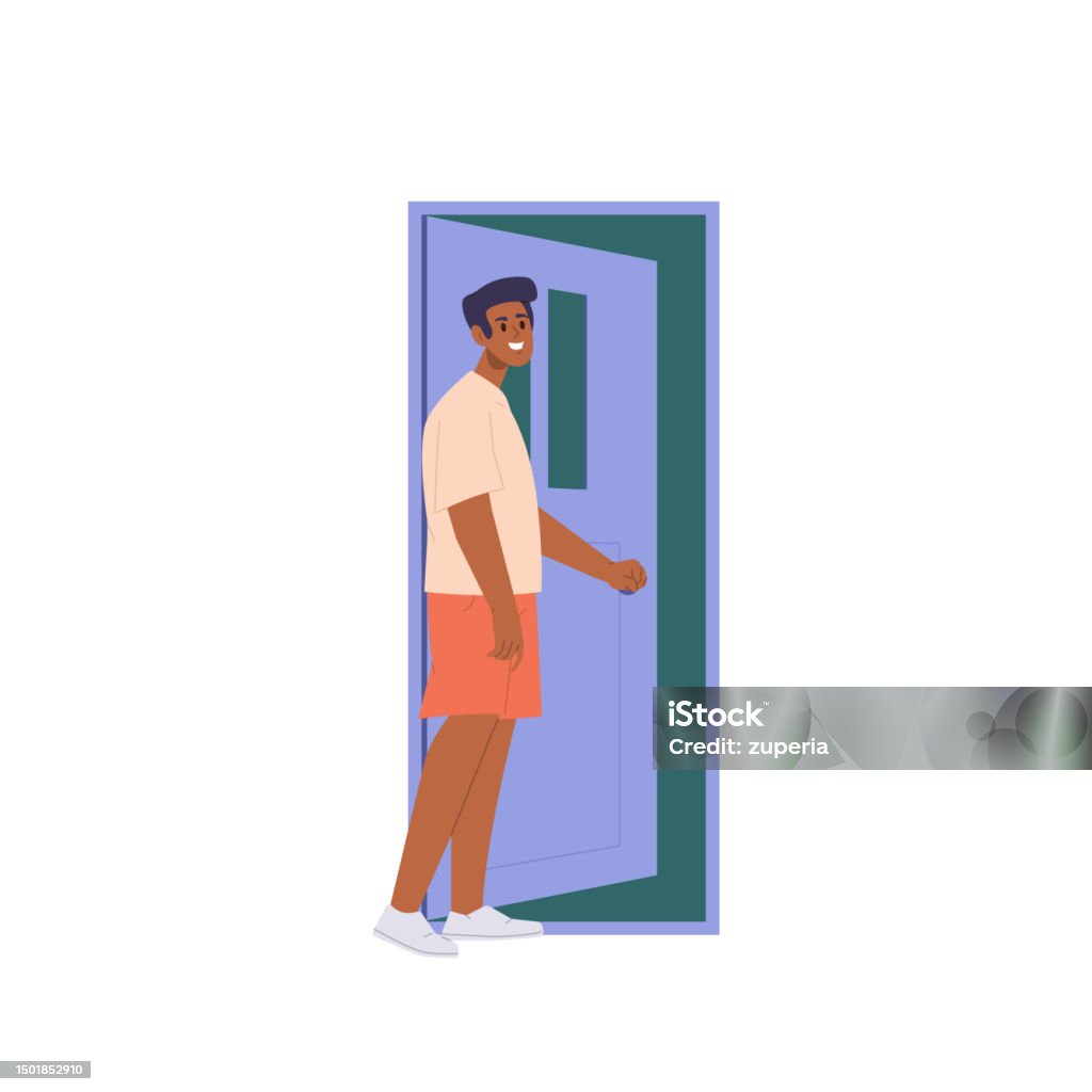 Karakter Pria Muda Tersenyum Bahagia Berdiri Di Pintu Terbuka Memegang ... Karakter Pria Muda Tersenyum Bahagia Berdiri Di Pintu Terbuka Memegang ...
