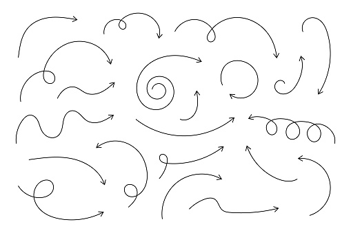 Curved Thin Arrows Set Of Vector Hand Drawn Arrows Collection Of Pointers Stok Vektör Sanatı