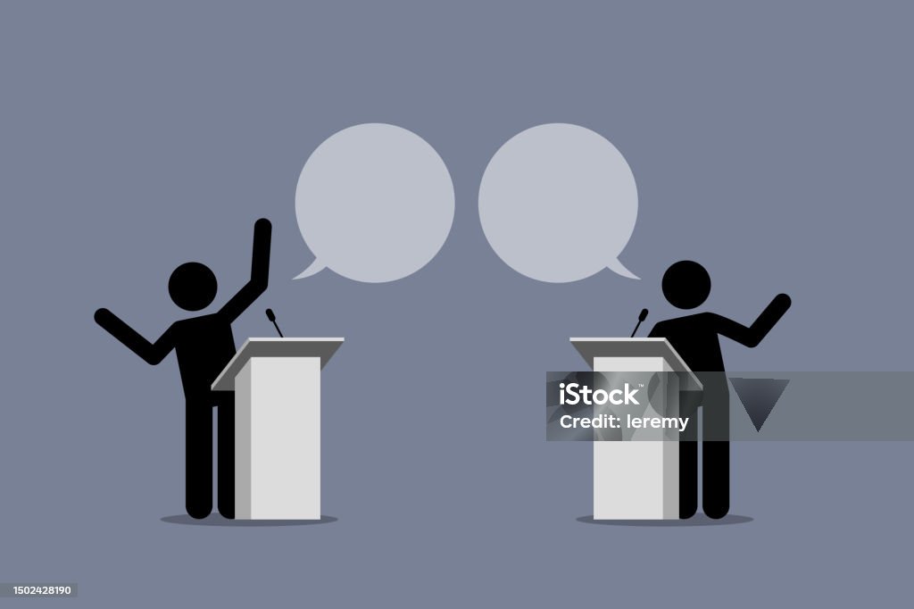 Two Speaker Debate And Argue On A Podium Stock Illustration Download