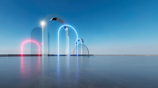Render 3d Arsitektur Lengkung Futuristik Abstrak Dengan Lampu Neon Dan