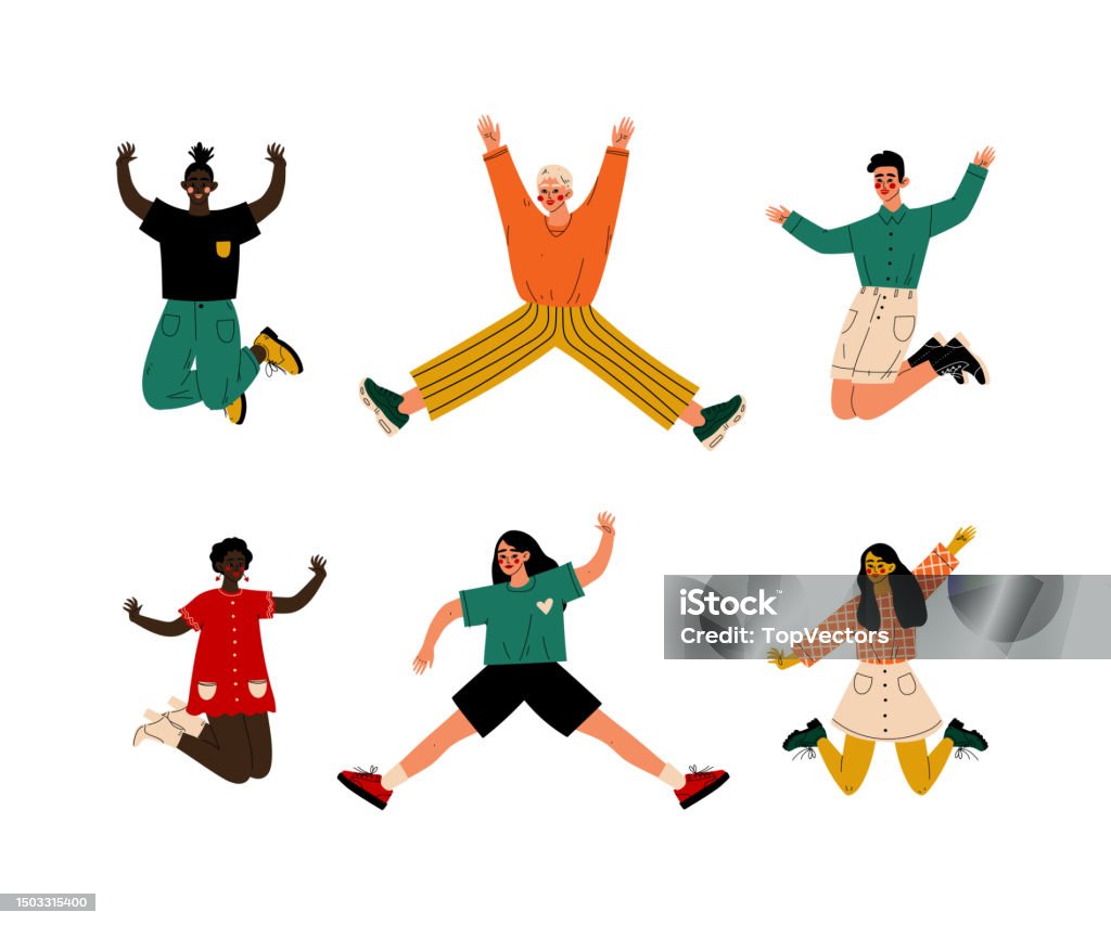 Orangorang Multiras Yang Bahagia Melompat Di Udara Gadis Dan Pria