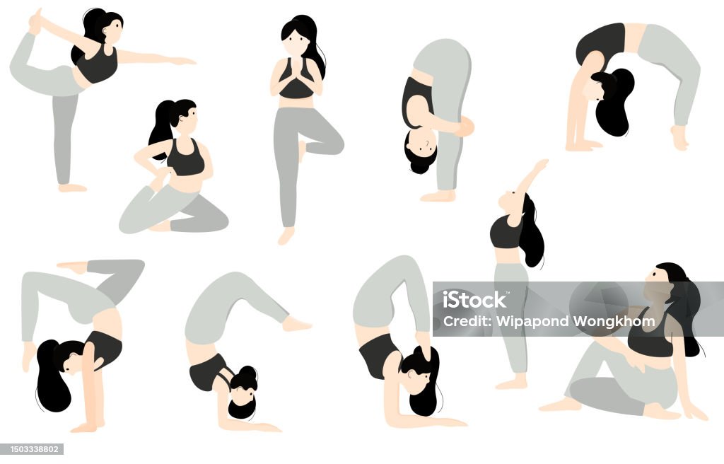 Wanita Berlatih Yoga Dengan Pose Yang Berbeda Duduk Dan Berdiri Pose