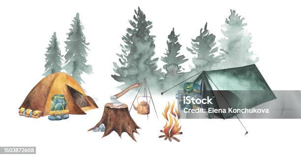 Tenda Api Unggun Tunggul Dengan Kapak Komposisi Ransel Hutan Kartu Cat
