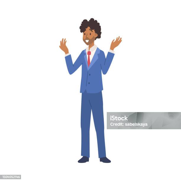 Vector Illustration Of A Darkskinned Man In A Blue Business Suit With A