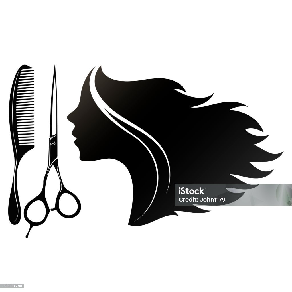 Gunting Sisir Dan Siluet Seorang Gadis Dengan Rambut Tanda Untuk Salon