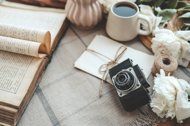Free Stock Photo of Vintage Styled Writing Desk with Camera and Letter ...
