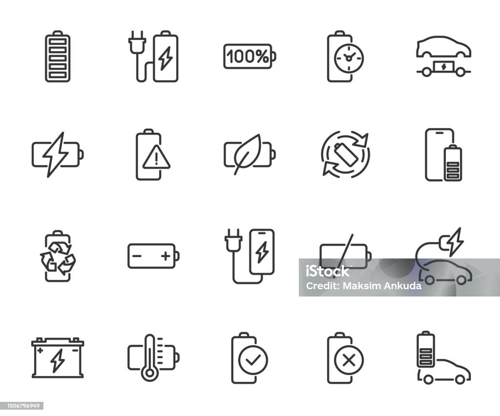 Vector Set Of Battery Line Icons Contains Icons Battery Charging ... Vector Set Of Battery Line Icons Contains Icons Battery Charging ...
