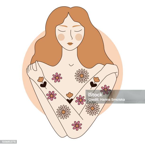 Woman Hugging Herself A Girl Who Is Satisfied And Loves Herself The
